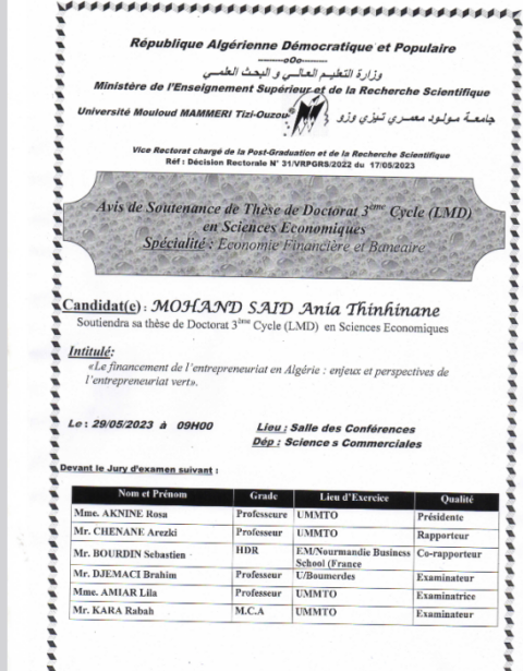 Avis de soutenance MOHAND SAID ANIA THINHINANE - Université Mouloud ...