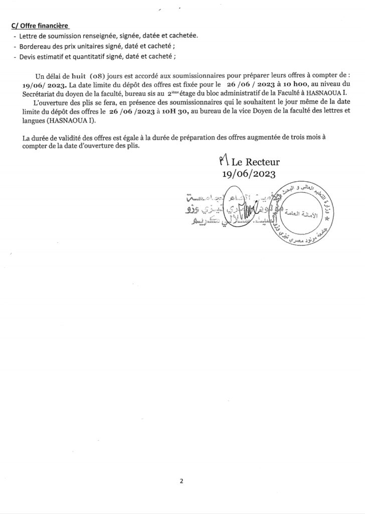 Avis de consultation N°09 TER/FLL/UMMTO/2023 - Université Mouloud ... Avis de consultation N°09 TER/FLL/UMMTO/2023 - Université Mouloud ...