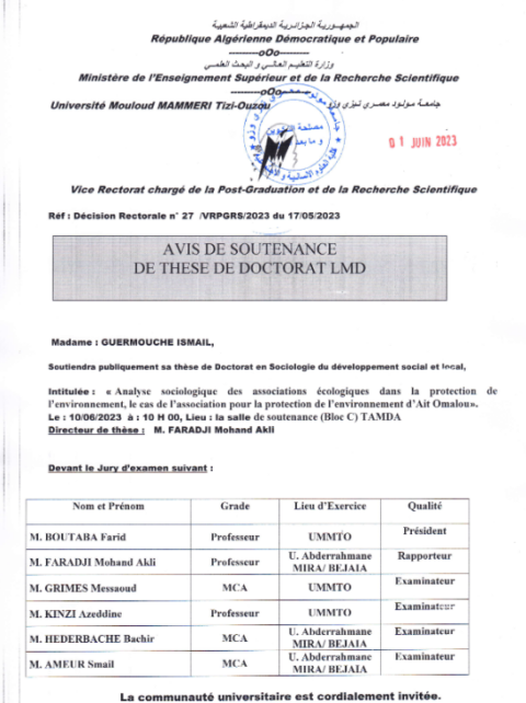 Avis de soutenance M.GUERMOUCHE Ismail - Université Mouloud Mammeri de Tizi-Ouzou